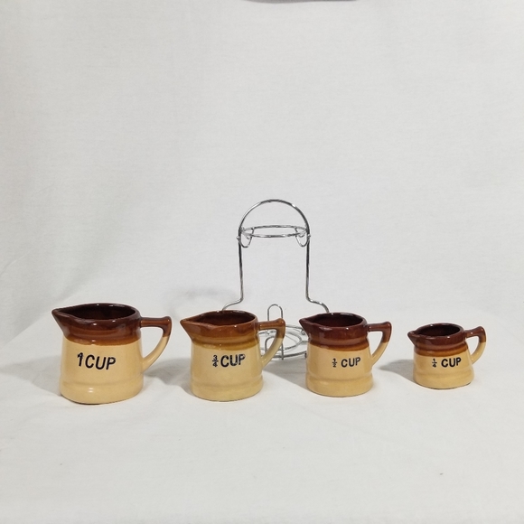 Vintage | Kitchen | Vtg Pottery Measuring Cups With Metal Cup Holder ...